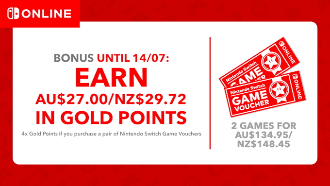 Earn AUD 27.00 NZD 29.72 in Gold Points when you buy a pair of Nintendo Switch Game Vouchers Nintendo